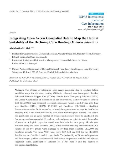 Pdf Integrating Open Access Geospatial Data To Map The Habitat Open Access Geospatial