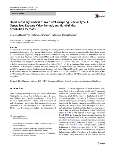 Pdf Flood Frequency Analysis Of River Swat Using Log Pearson Type 3 Generalized Extreme Value