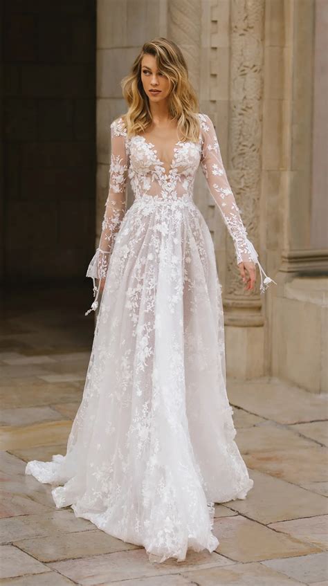 3d Floral Lace Long Sleeve Sheer Beach Wedding Dress Lunss