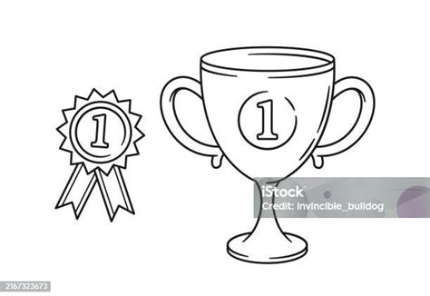 트로피 컵과 메달 와 리본 와 숫자 하나 강조 성취 와 성공 개요 벡터 일러스트 레이 션 Championship에 대한 스톡 벡터 아트 및 기타 이미지 Istock
