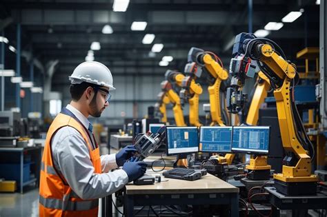 Premium Ai Image Engineer Manager Checking And Controling Automation Robot Arms Machine In