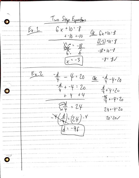Two Step Equations Notes And Adv Hw Solving Two Step Equations And