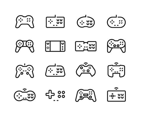 게임 패드 아이콘 비디오 게임 조이스틱 컨트롤러 아케이드 로고용 레트로 픽토그램 흰색 배경에 플레이 스테이션 및 컴퓨터용 블랙 라인 장치 벡터 콘솔 및 Pc 게임 버튼 세트
