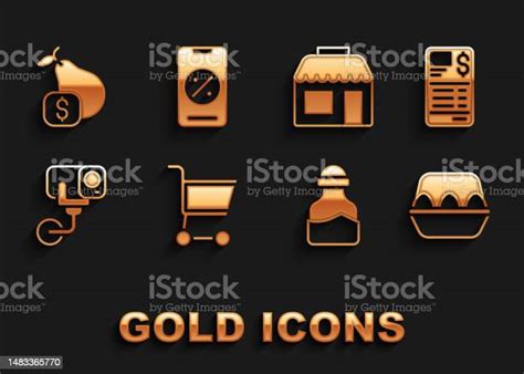 장바구니 종이 또는 재정 수표 닭고기 달걀 상자 향신료 캔 보안 카메라 시장 상점 배 가격표 및 퍼센트 할인 및 모바일 아이콘을 설정합니다 벡터 0명에 대한 스톡 벡터 아트