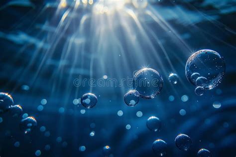 Underwater Bubbles On A Dark Blue Background Sun Rays Macro Photography Stock Illustration