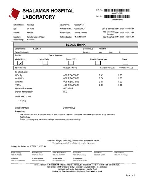 Shalamar Hospital Laboratory Blood Bank Pdf Blood Type Blood Plasma