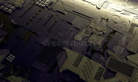 Macro Rendering Of A Futuristic Electronic Printed Circuit Board With Microchips And Processors