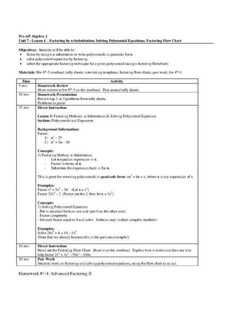 Solving Quadratic Equations Pdf 180639 Unit 7 Lesson 4 U Substitution Equations Factor Flow Chart