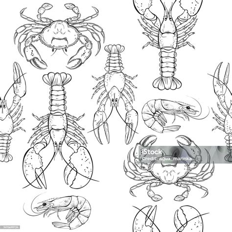 게 랍스터 가재 및 새우 흰색에 매끄러운 벡터 패턴입니다 흑백 벽지 포장 직물 및 섬유 메뉴 장식 초대장 카드에 적합합니다 갑각류에 대한 스톡 벡터 아트 및 기타 이미지
