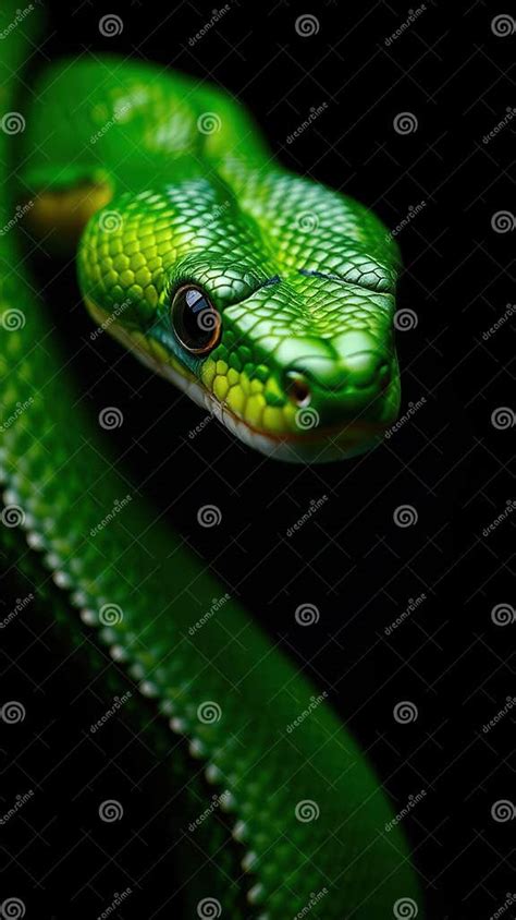 Green Tree Python Coiled Gracefully Against A Dark Background Showcasing Intricate Scales And