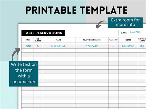 Printable Table Reservation List Restaurant Table Reservation Form