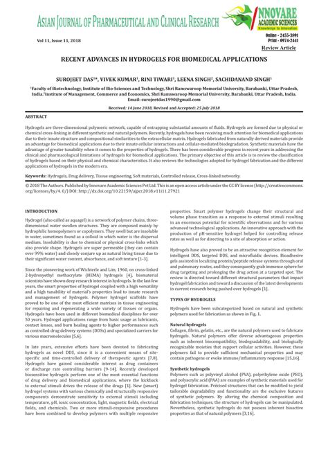 Pdf Recent Advances In Hydrogels For Biomedical Applications