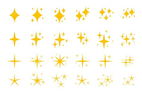 노란색 평면 반짝 기호 아이콘 세트 프리미엄 벡터