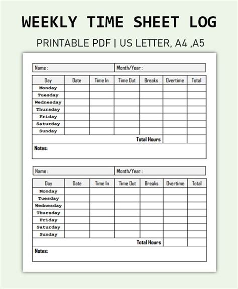 Printable Weekly Time Sheet Log Book Timesheet Log Work Time Record Work Hours Log Time Spent