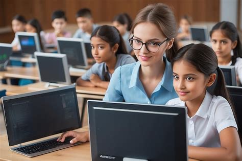 Premium Photo Teacher Teaching Computer To Student Girlpupil Studying