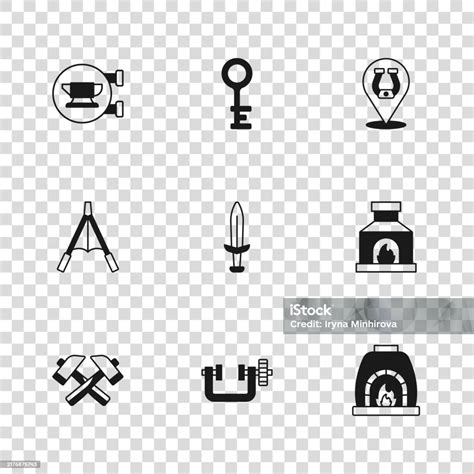 클램프 및 나사 도구 대장장이 오븐 중세 검 말굽 모루 오래 된 키 및 공기 송풍기 벨로우즈 아이콘을 설정합니다 벡터 강철에 대한 스톡 벡터 아트 및 기타 이미지 Istock