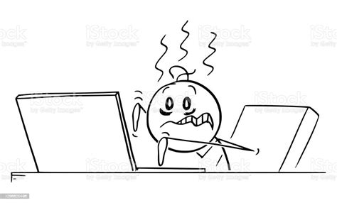 피곤 과로 및 스트레스 남자는 컴퓨터에서 작업 벡터 만화 스틱 그림 일러스트 스틱피겨에 대한 스톡 벡터 아트 및 기타 이미지 스틱피겨 유머 쓰기 Istock