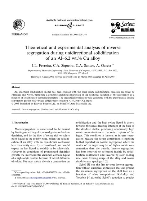 Pdf Theoretical And Experimental Analysis Of Inverse Segregation During Unidirectional