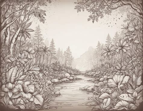 A Drawing Of A River With Trees And Plants Premium AI Generated Image