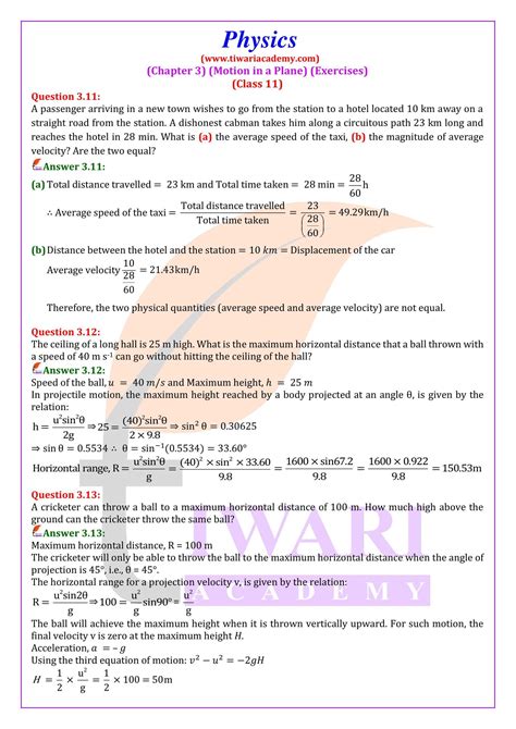 Ncert Solutions For Class 11 Physics Chapter 3 Motion In A Plane