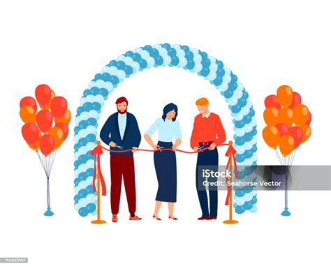 그랜드 오프닝 세레모니에서 리본을 자르는 세 사람 사업가 사업가 동료가 풍선으로 축하합니다 기업 행사 취임식 벡터 일러스트 레이