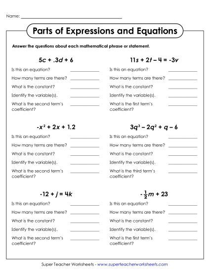 Identify Parts Of Expressions And Equations Printable Algebra