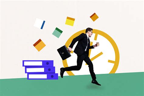 현대 미술 콜라주 화난 사업가 개최 커피 컵 서류 가방 실행 알람 시계 시간 엄수 플래너 스택 작업 부하 30 34세에 대한