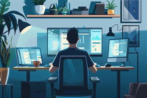 A Man Sitting At A Desk In Front Of Two Computer Monitors Premium Ai Generated Image