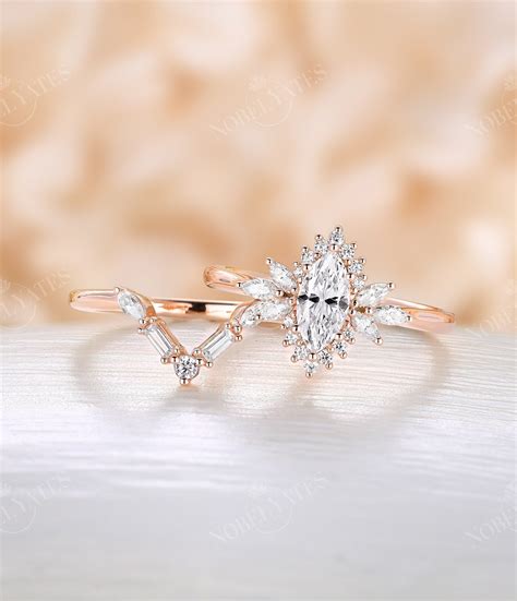 Marquise Cut Moissanite Engagement Ring Set 2pcs Rose Gold Ring Antique