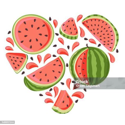 수박 조각과 심장 모양의 주스 스프레이로 전체 붉은 과육과 검은 씨로 자릅니다 포스터 배너 티셔츠 카드 전단지를 위한 여름 디자인 분무에 대한 스톡 벡터 아트 및 기타