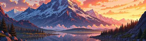 Горы и озеро на закате Ultrawide 329 обои 3840x1080