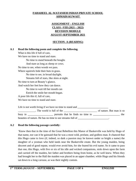 Class 8 Assignment August September Pdf Linguistics Grammar