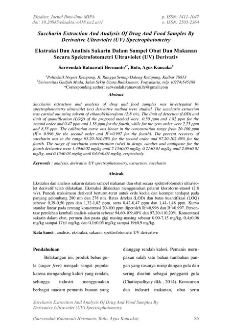 Pdf Saccharin Extraction And Analysis Of Drug And Food Samples By Derivative Ultraviolet Uv