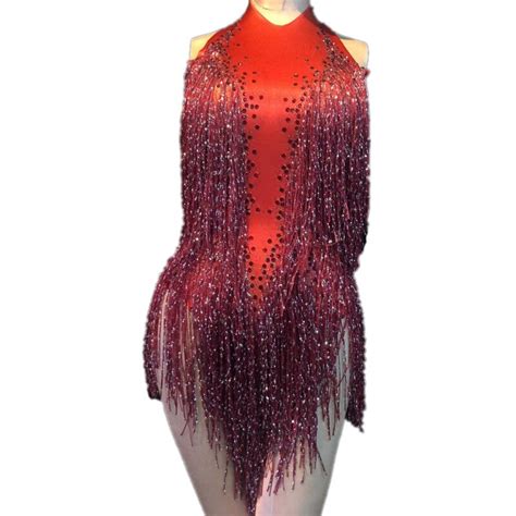 Women Red Gold Tassels Sleeveless Bodysuit Sparkly Crystals Backless