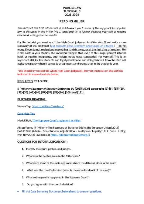 Soas Public Law Tutorial 3 Public Law Tutorial 3 2023 Reading Miller The Aims Of This First