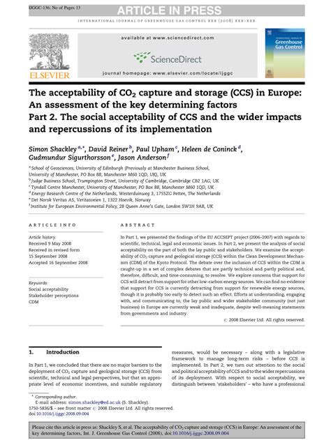 Pdf The Acceptability Of Co2 Capture And Storage Ccs In Europe An Assessment Of The Key