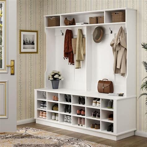 Fufuandgaga 63 In W White Wood 3 In 1 Hall Tree Coat Rack Shoe Storage