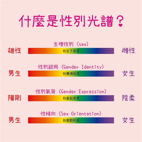中出前一叮 性別光譜係幫助人們能去了解性別特質，分別有四個向度。 生理性別 Sex 與生俱來的性別，在身體性徵就能分辨。 性別認同 Gender Identity 心理性別