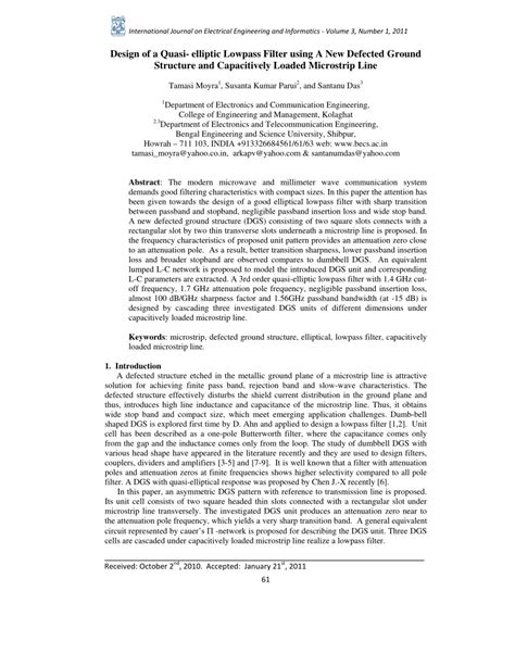 Pdf Design Of A Quasi Elliptic Lowpass Filter Using A New Defected