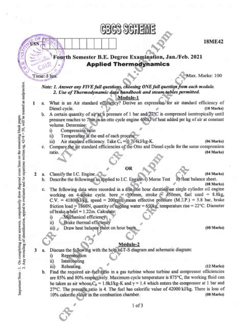 Vtu Question Paper Of 18me42 Applied Thermodynamics Jan 2021 Pdf