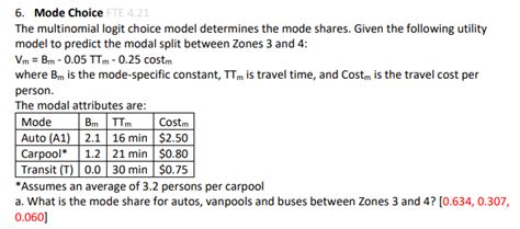 Solved 6 Mode Choice The Multinomial Logit Choice Model