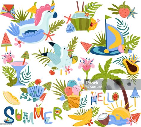 귀여운 여름 작곡 풍선 유니콘 장난감 열대 잎 과일 칵테일 야자수 및 기타 세트 안녕하세요 여름 레터링 더운 계절 벡터 일러스트 레이 션 해변에 대한 스톡 벡터 아트 및
