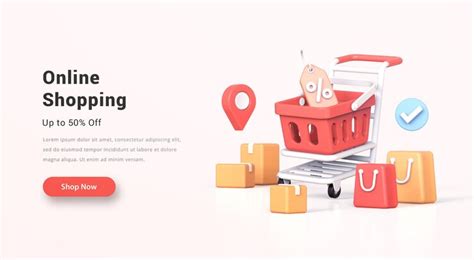 현실적인 3d 쇼핑 카트 쇼핑백 상자 지도 및 가격표가 있는 온라인 쇼핑 배너 프리미엄 Psd 파일