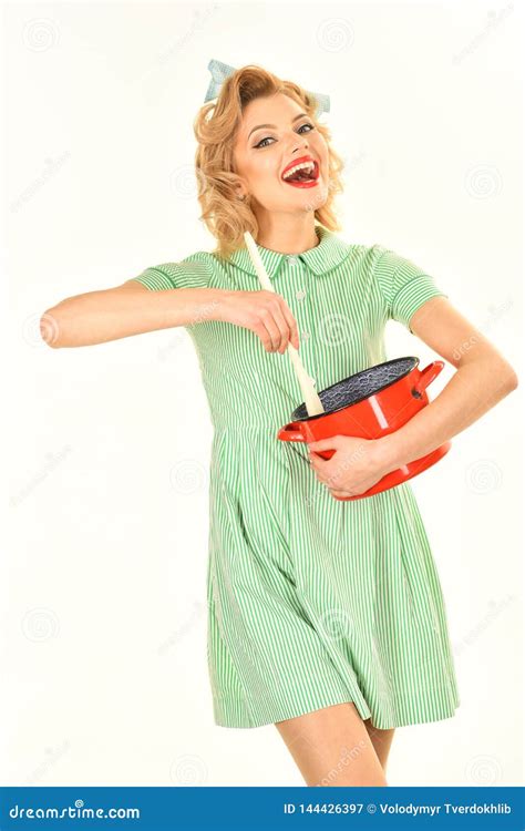 Attractive Pin Up Girl Cooking On Her White Kitchen Stock Image Image