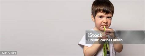 어린 소년은 신선한 파와 찡그린 얼굴을 먹고 그의 취향에서 왜곡 식단에 어린이 채소 및 채소의 적절한 영양 흰색 배경 장소 복사 공간에 배너 텍스트 시식에 대한 스톡 사진