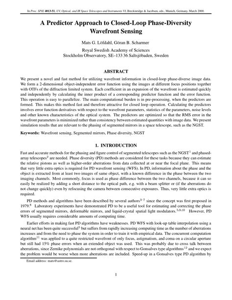 Pdf Predictor Approach To Closed Loop Phase Diversity Wavefront Sensing