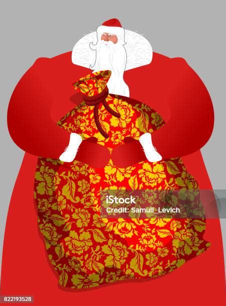 아버지 프 로스트 러시아 산타 클로스 빨간 옷의 할아버지 어린이 위한 선물의 큰 자루를 운반합니다 러시아에서 국립 민속 휴가 인물 카드 포스터 크리스마스와 새 해입니다 빨간