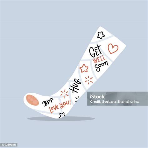 친구와 가족의 긍정적 인 글과 부러진 다리 캐스트 사랑 개념 석고 석고에 부상 사지 좋은 곧 소원 잘 얻을 미디어 글리프 그래픽 아이콘 플랫 벡터 그림입니다 출연진에 대한