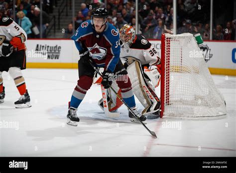 Colorado Avalanche Center Carl Soderberg 34 And Anaheim Ducks Goaltender John Gibson 36 In