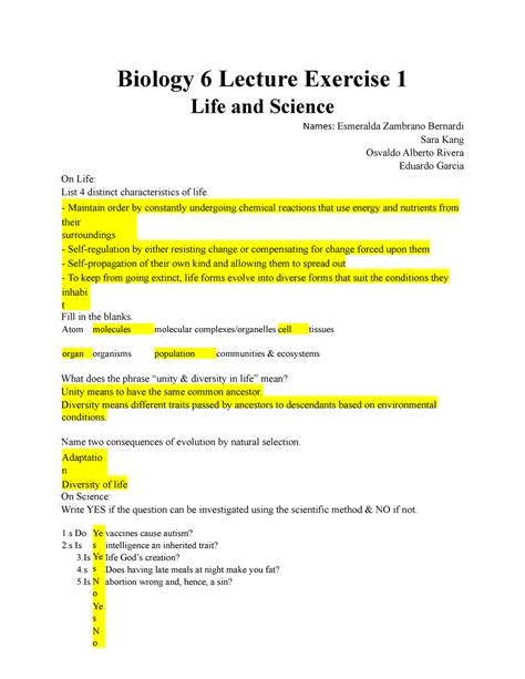 Biology 6 Lecture Exercise 1 Biology 6 Lecture Exercise 1 Life And